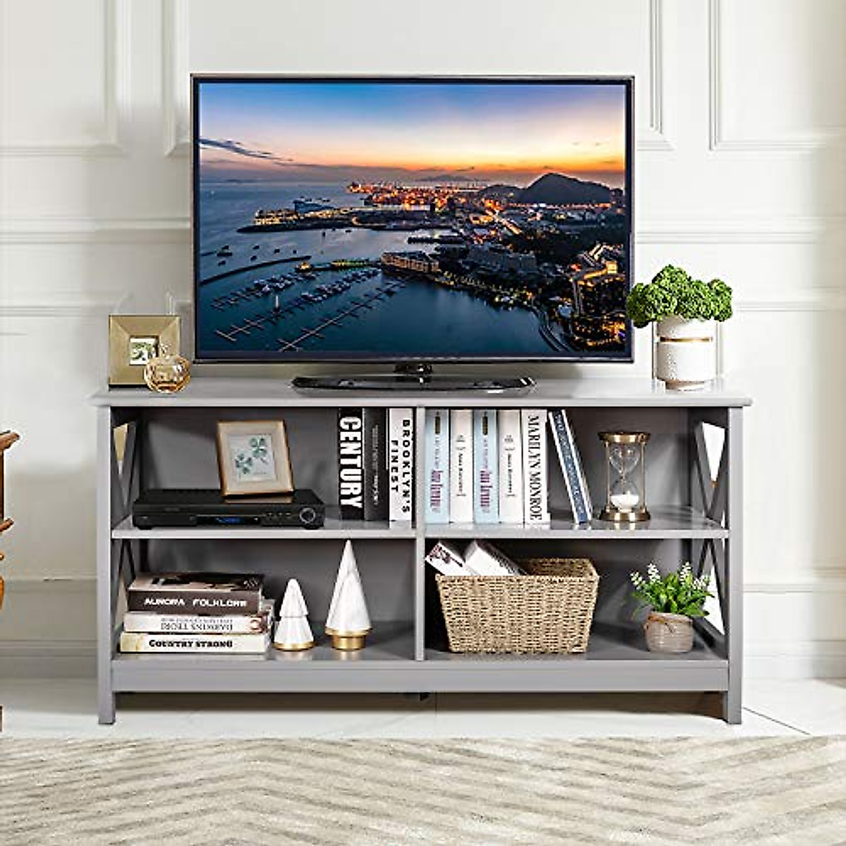 Tangkula TV Stand for TVs up to 55 Inches, 47" Farmhouse Entertainment Center with 4 Open Shelves & Built-in Cable Holes, TV Console Table with X-Shaped Frame for Living Room (Grey)