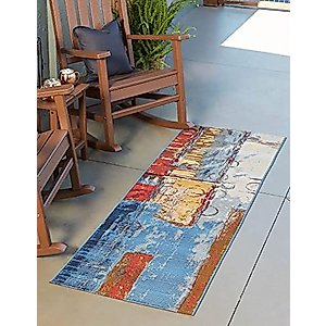 Unique Loom Modern Collection Abstract, Rustic, Bright Colors, Vintage, Indoor and Outdoor Area Rug, 2 x 6 ft, Multi/Blue