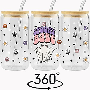 Gifts for Her, Halloween Sister Friend Gifts, Spooky Season Gift, Halloween Glass Can Cups, Stay Spooky GIced Coffee Cup, Fall Glass Cups, Halloween Gifts, Halloween Lover 16 OZ Cup with Lid and Straw