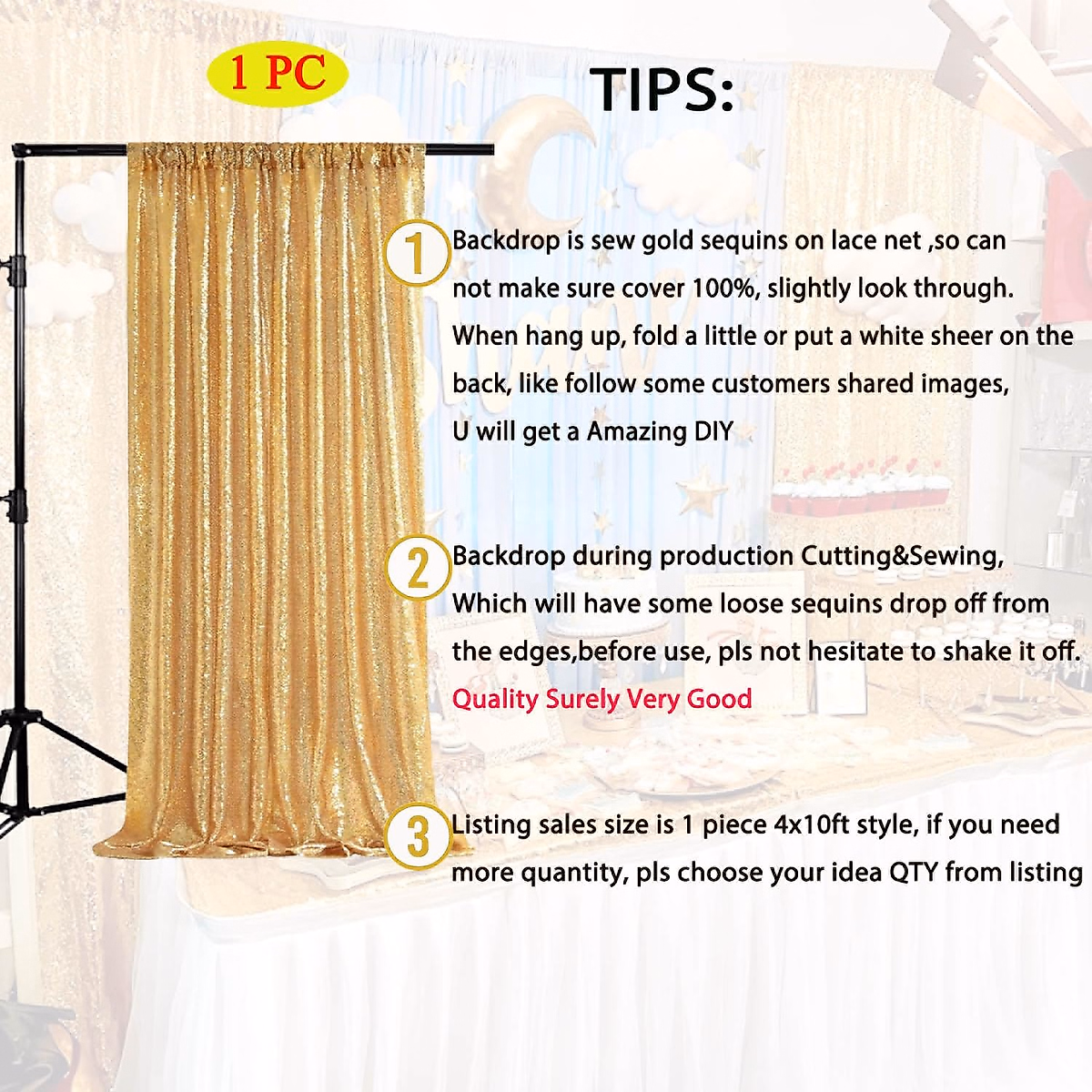 LQIAO 4FTX10FT Gold Shimmer Sequin Fabric Backdrops Wedding Photo Booth Sequin Curtain Drapes Panels Photography Background Decoration