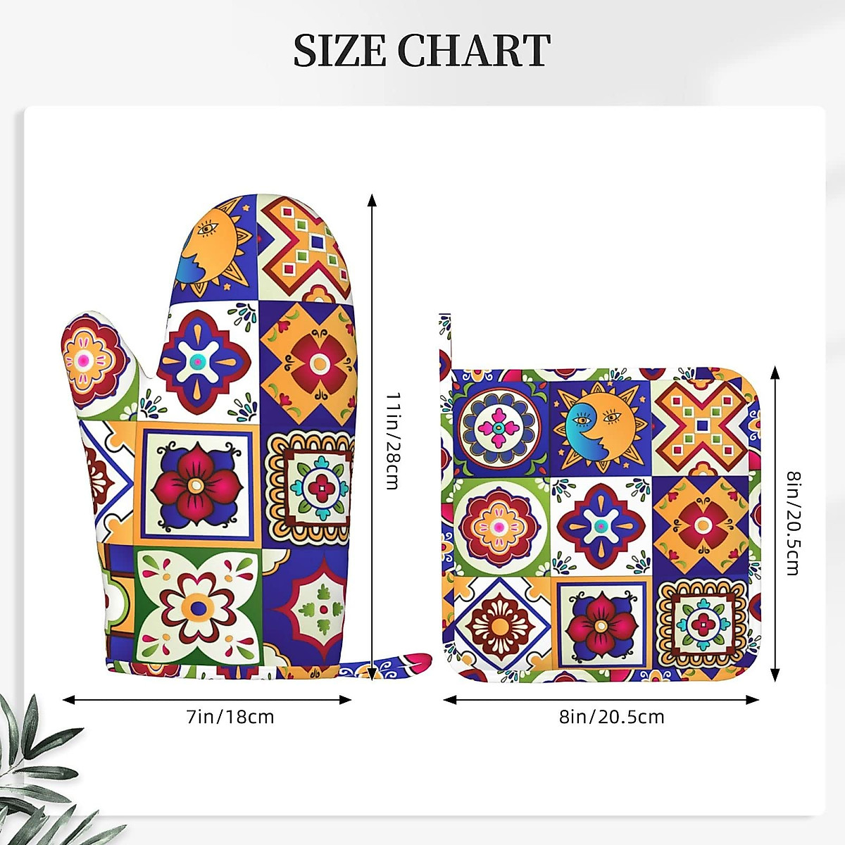 Oven Mitts and Potholders Colorful Geometric Ethnic Silicone Glove Heat Resistant, Kitchen Gloves for Cooking, 2-Piece Set