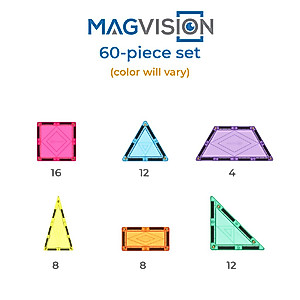 MagVision 60-Piece Magnetic Building Tiles Set, Stem Magnetic Building Blocks, Extra Strong and Safe Magnets, Stem Toys, Magnetic Blocks, Educational Toys for Children Ages 3+ Years