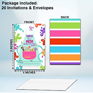 NYCTUG Art Painting Colorful Birthday Invitation(4" X 6"), Dress For A Mess,Paint Craft Birthday Double-Sided Party Invites- 20 Invitations With Envelopes-Party Supplies-A13
