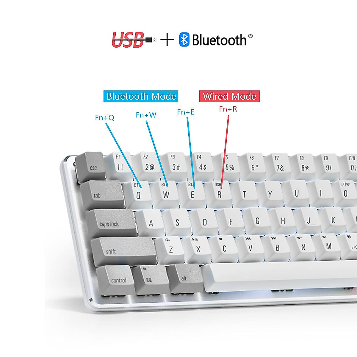 Qisan Happy Deals 20% Discount Off Mechanical Gaming Keyboard Gateron Brown Switch Wired/Wireless Bluetooth Keyboard 68-Keys Mini Design(60%) PBT Keycaps White/Gray Color for Gaming/Office Magicforce