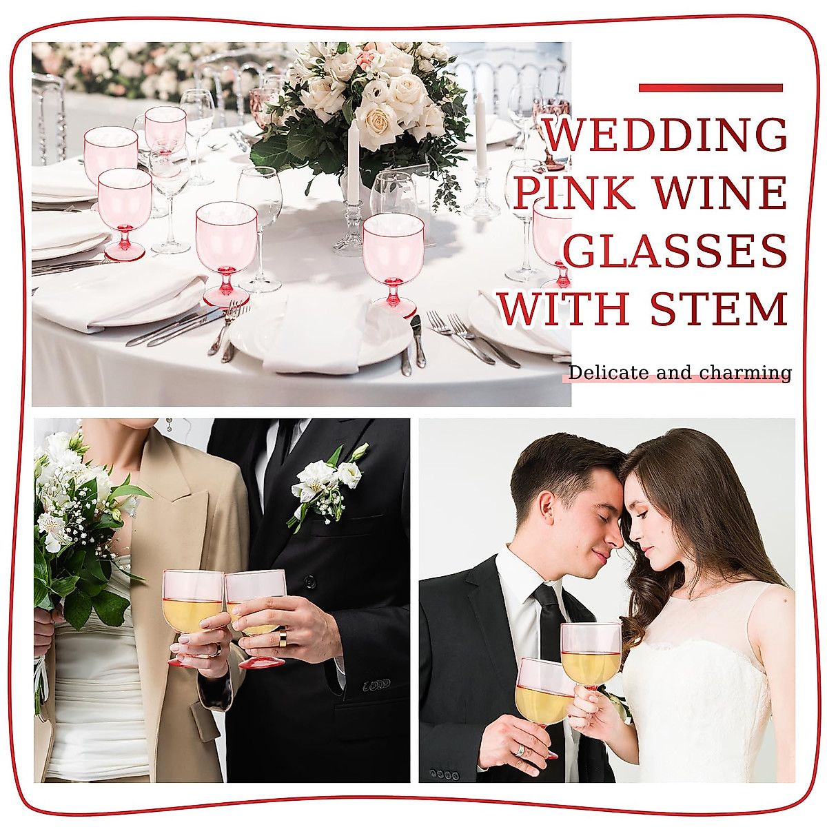 Bokon 16 Pack Plastic Wine Glasses 7.5 oz Wine Glass with Stem Reusable Unbreakable Wine Cups Champagne Goblets Shatterproof Cocktail Drinkware for Wedding Party Indoor Drinking(Pink)