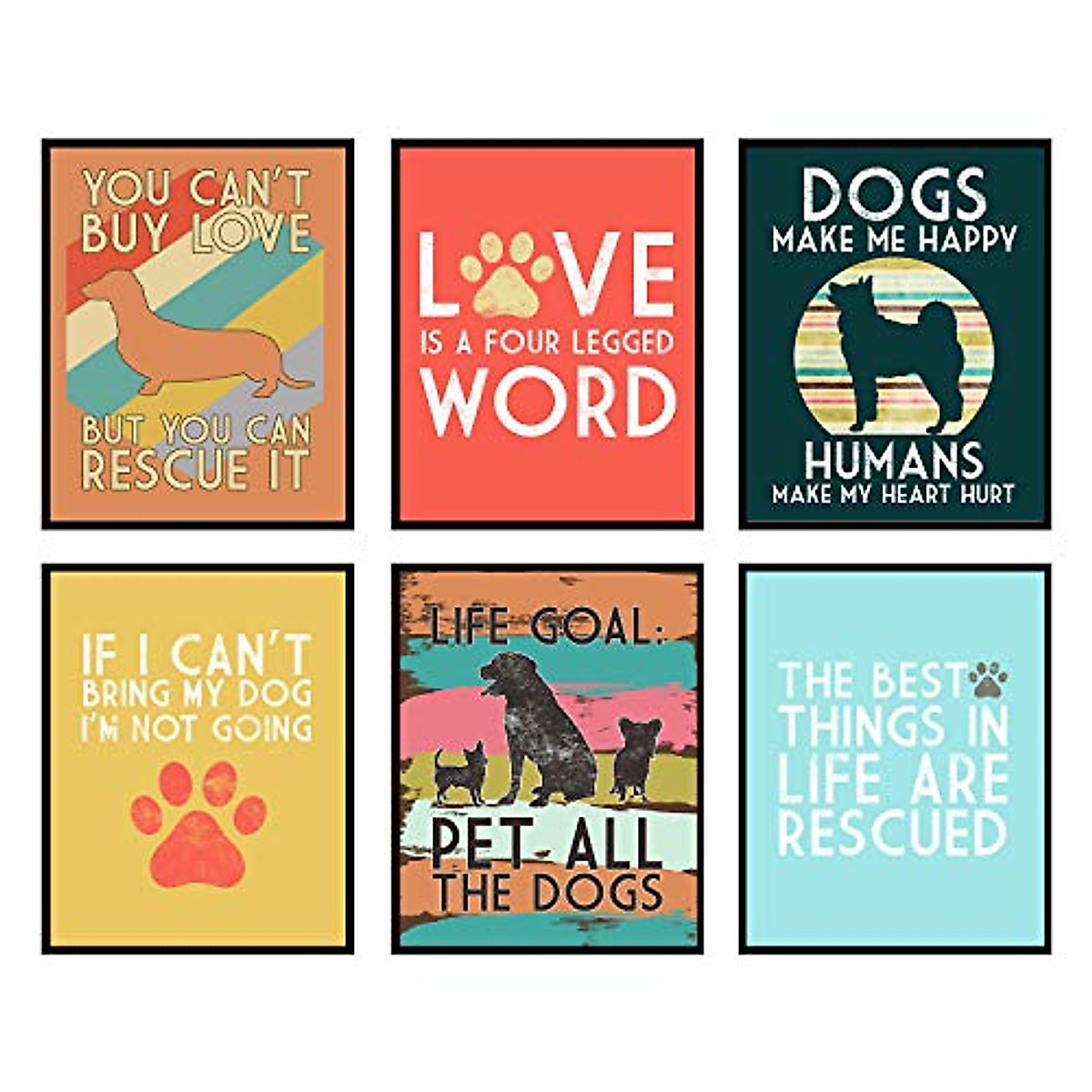 Silly Goose Gifts Love Is A Four Legged Word - Rescue Dog Themed Room Wall Art Print Decoration (Set of 6)