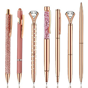 Vin Beauty 7 Pcs Rose Gold Ballpoint Pen Set Metal Crystal Diamond Pen Liquid Sand Glitter Ballpoint Pens Black Ink Retractable Pen Gifts for Wedding Office School Desk Supplies