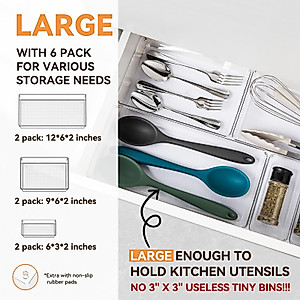 6 Pack Large Clear Plastic Drawer Organizer Trays, Acrylic Kitchen Drawer Organization and Storage Dividers, Non-Slip Storage Bins for Makeup, Kitchen Utensils, Bathroom, Jewelries and Office Desk