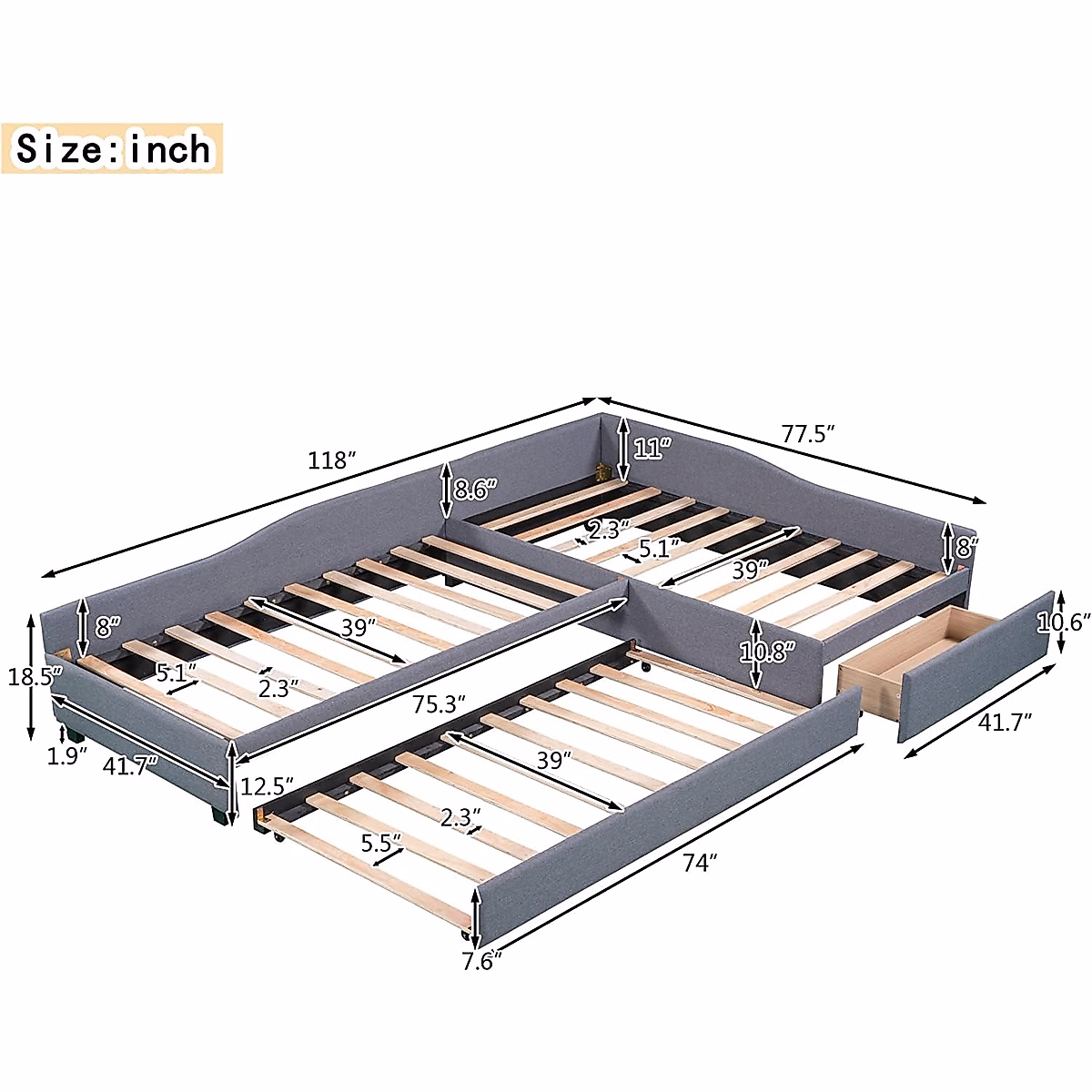 CITYLIGHT Upholstered L-Shaped 2 Twin Beds with Trundle and Storage Drawer, Wood Linen Corner Bed for Kids Girls Boys Teens Bedroom, Grey