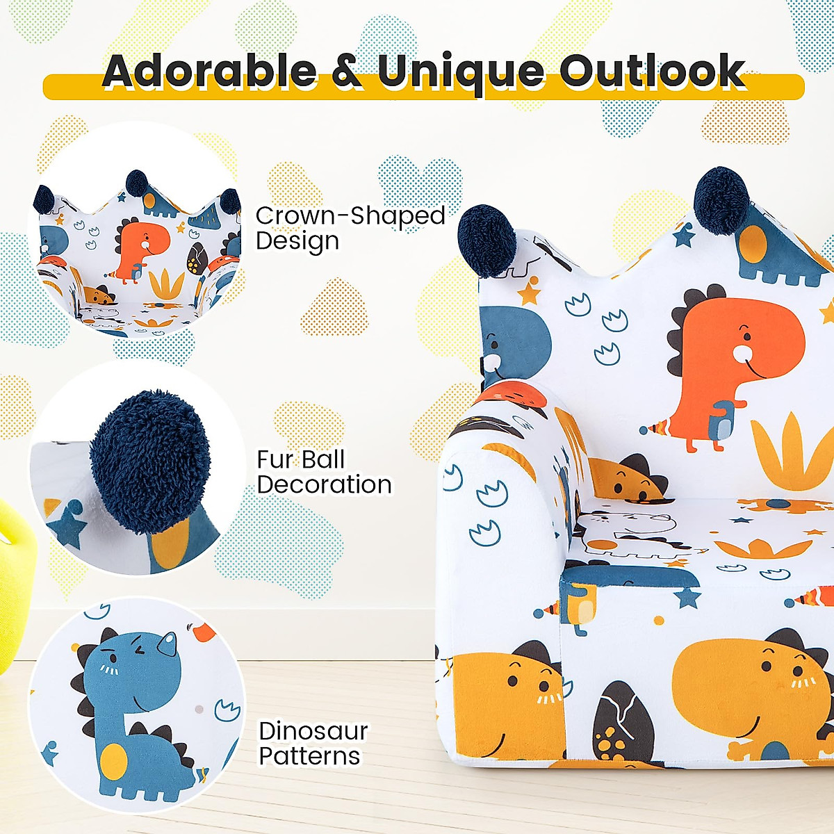 Costzon Kids Couch, Foam Filled Children's Sofa Armchair with Padded Pillow, Washable Velvet Cover & Soft Sponge Filling, Upholstered Sofa Chair Gift for Preschool, Playroom, Toddler Couch (Dinosaur)