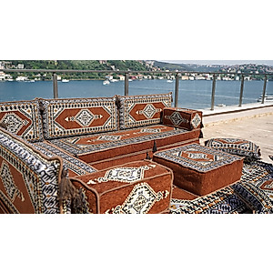 Brown Floor Cushions, Modern Arabic Majlis Set, Floor Sofa Set, Ethnic Sofa, Arabic Jalsa, Moroccan Sofa, Sectional Sofa with Ottoman, Sleeper Sofa (L Sofa + Rug + Poufs)