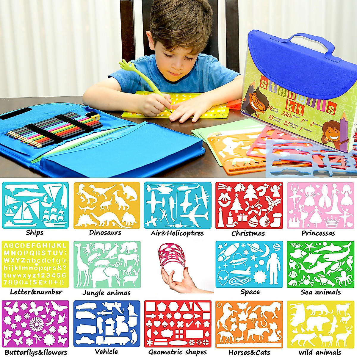 Drawing Stencils Set for Kids (55 Piece) - Arts and Crafts Set for Girls & Boys - Christmas & Birthday Gifts for Kids 4 5 6 7 8 9+ Year Old - Ideal Creativity Kit & Travel Activity with 300+ Shapes