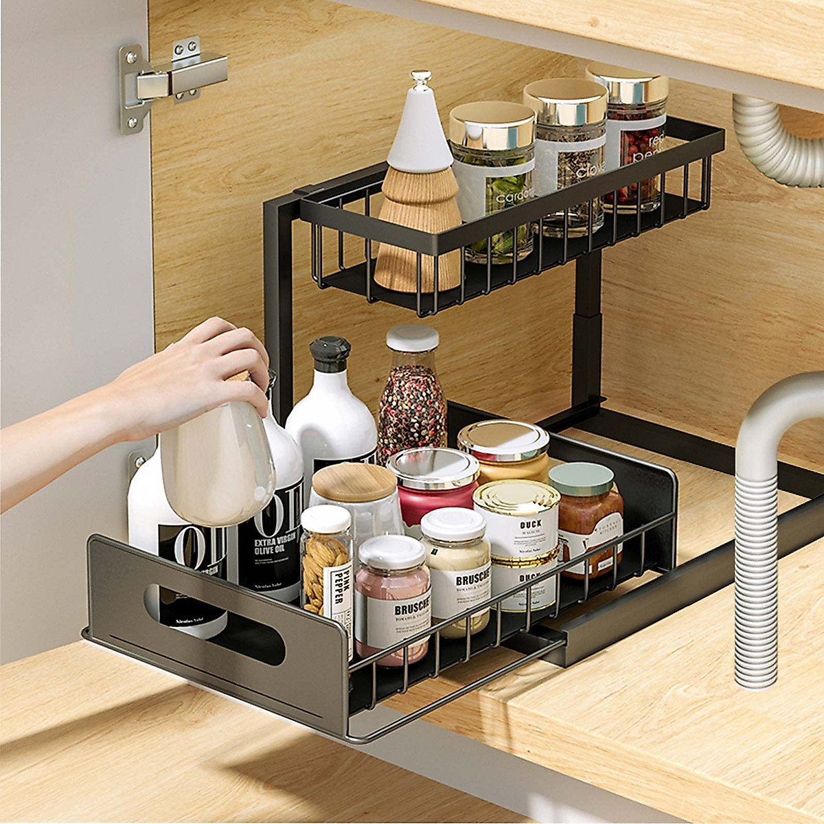 Under Sink Organizers and Storage Pull Out Cabinet Organizer and Storage Metal 2 Tier Under Sink Drawer Organizer Bottom Drawer Slide Out Under Sink Storage Shelf For Kitchen Bathroom, Black