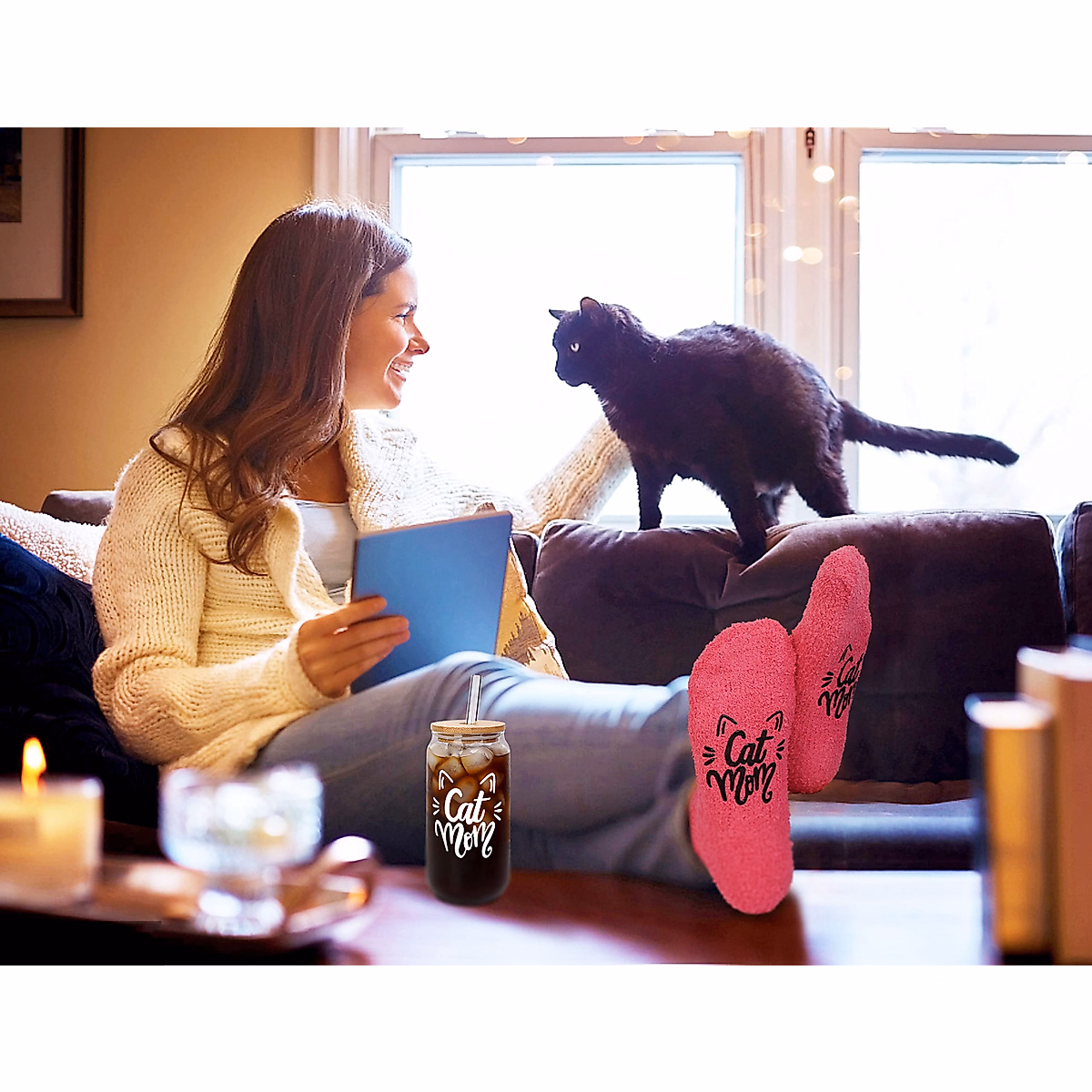 Gift for Cat Lover Women, Glass and Sock for Cat Mom, Cat Mom Socks, Cat Mom Gifts for Women, Cat Lover Gift, Can Shaped Glass Cups, 20oz Drinking Glasses with Bamboo Lid and Glass Straw