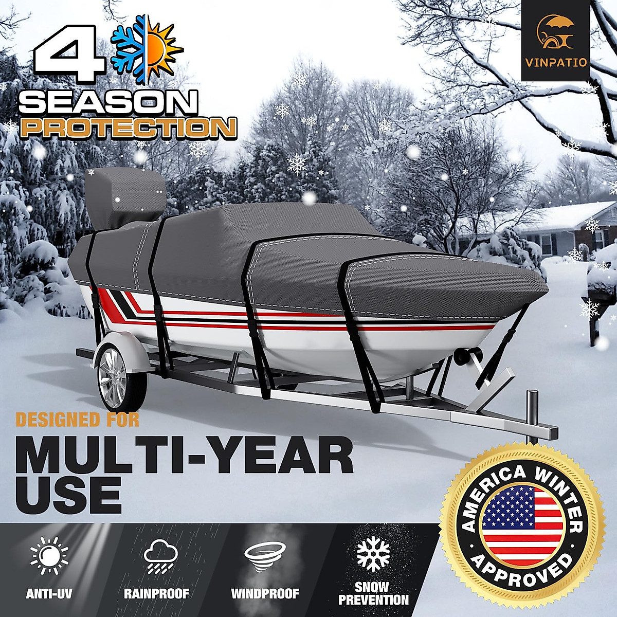 VINPATIO Trailerable Boat Cover, 600D Solution-Dyed Bass Boat Cover, 17-19 ft Heavy Duty 100% Waterproof Boat Covers Fits V-Hull Runabout Fishing Ski Pro-Style Bass Boats, Beam Width up to 96"