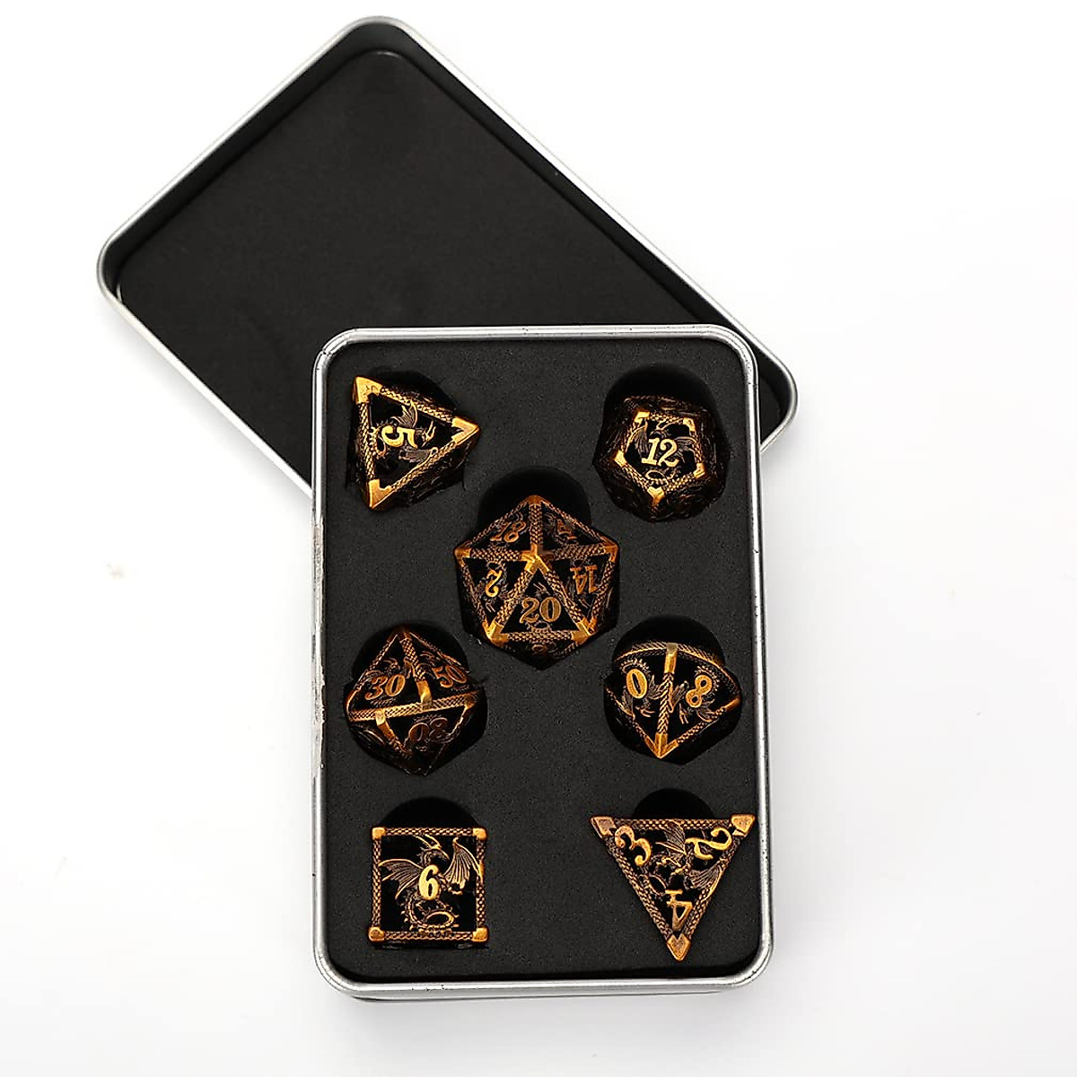 DND Dice Set 7 Pieces, JJDISO Hollow Metal D&D Polyhedral DND Dice for Dungeons and Dragons RPG Steampunk Dragons Role Playing Dice with Gift Box, Ancient Golden D4 D6 D8 D10 D12 D20 Dice Set