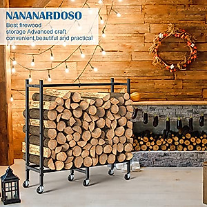 2.6ft Outdoor Indoor Firewood Rack Holder for Fireplace Wood Storage, Firewood Holder with Wheels, Heavy Duty Logs Stand Stacker Holder for Fireplace Metal Lumber Storage Carrier Organizer