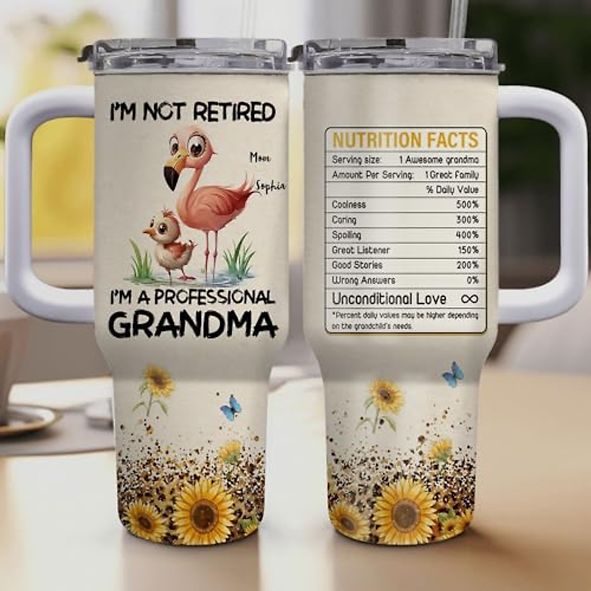 Personalized 40oz Tumbler - Cute A flamingo mother standing in shallow water while her chick Mother and Child Design with Nutrition Facts - Gift for Mom, Grandma, Mother's Day AFxDI0
