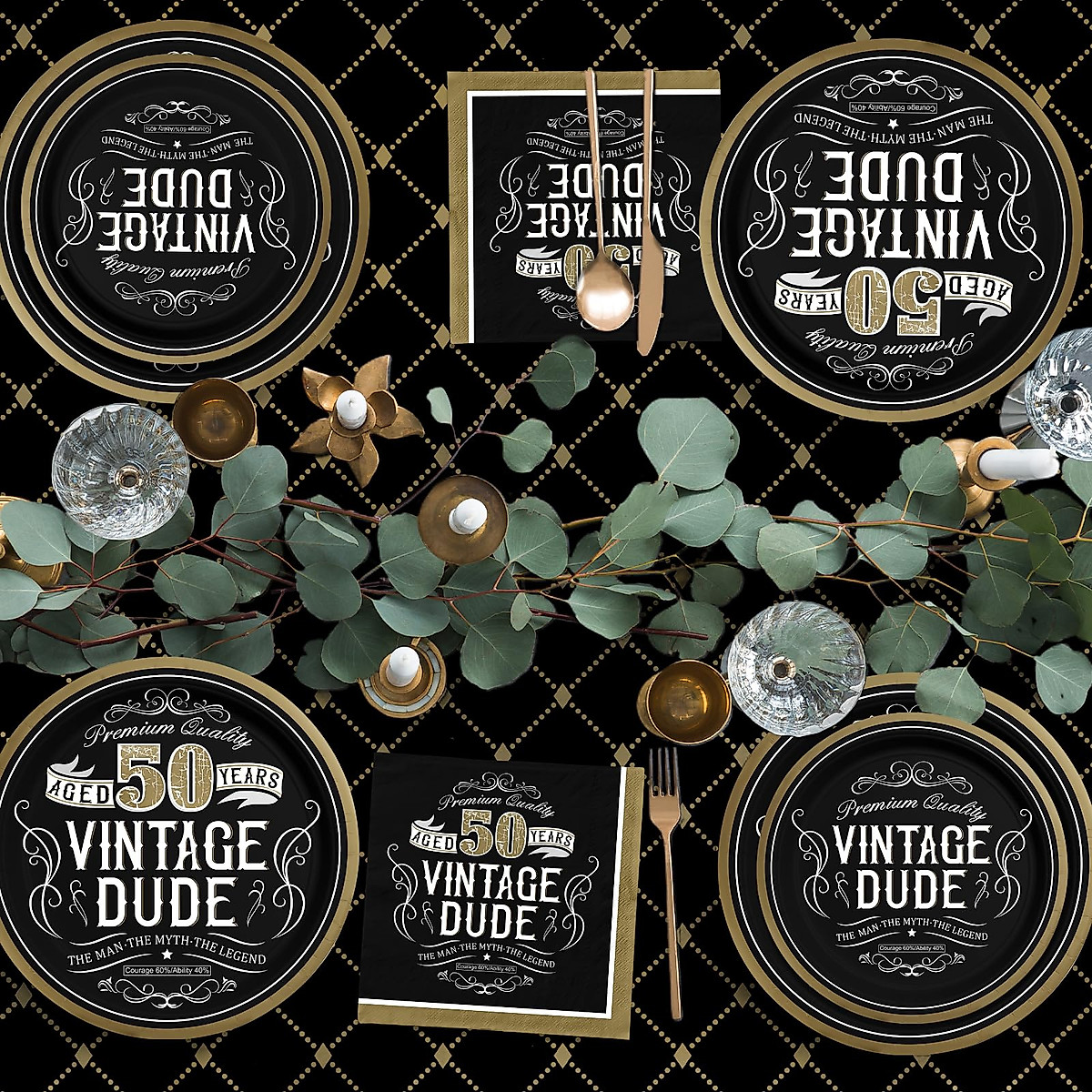 50th Birthday Party Supplies Paper Plates Napkins Cups Tablecloth Banner for Men Black and Gold 50th Birthday Decorations Serve 25