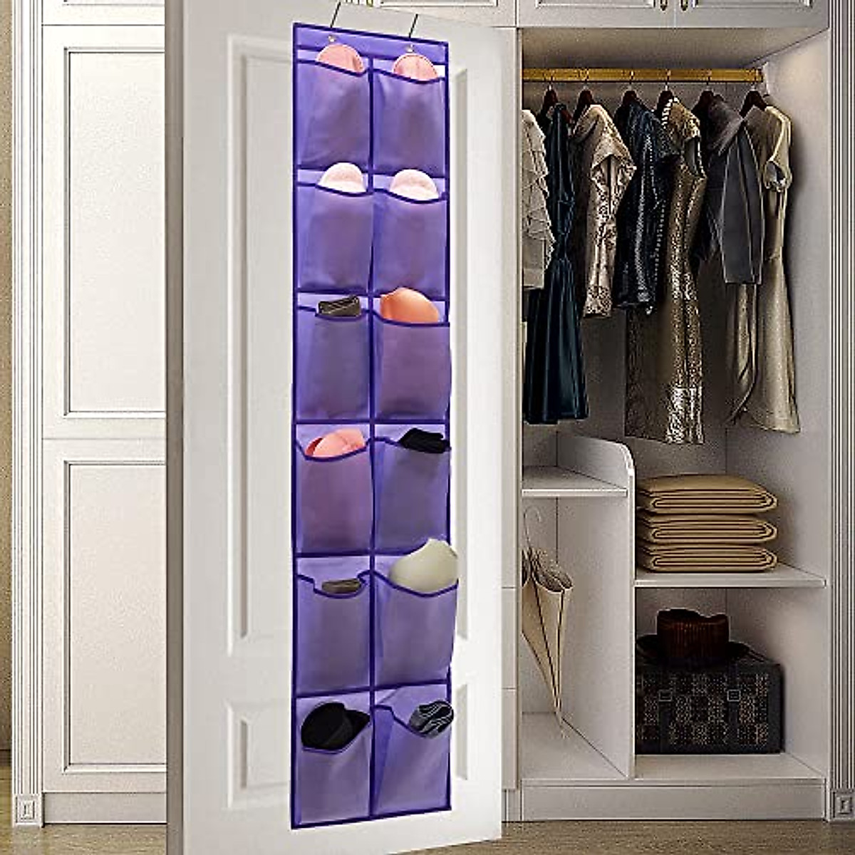 ANIZER Hanging Storage Organizer Over the Door Shoes Organizer Kids Shoe Rack with 12 Large Fabric Pockets for Closet Shoe Holder Hanger (PURPLE)