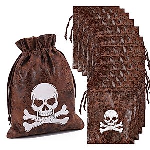 RICHNESS Pirate Loot Bags Goodie Bags with Drawstring 4.5 x 6.5 Inches Faux Cow Skin Pirate Treasure Bags for Pirate Party Favors Pack of 24