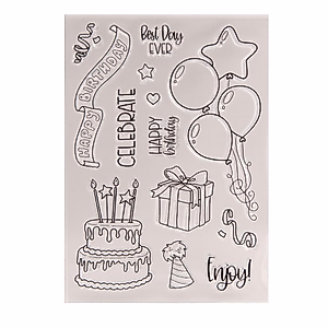 Arbuya Birthday Cake Clear Stamps for Birthday Card Making or Journaling Birthday Gift Box Balloon Banner Silicone Rubber Stamps for Scrapbooking Albums Journals Paper Crafts