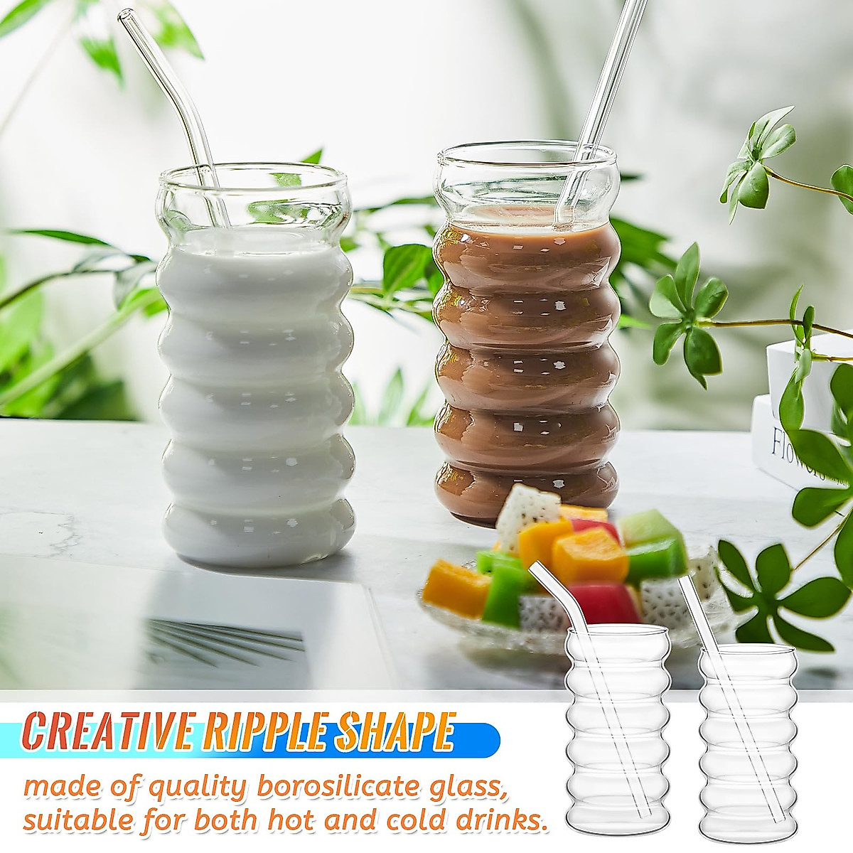 Tessco 4 Pcs Creative Glass Cups Vintage Drinking Glasses Ribbed Glassware Aesthetic Cups Entertainment Dinnerware Glassware with Straws Set for Kitchen Coffee Juice Beverage (Clear,16 oz)