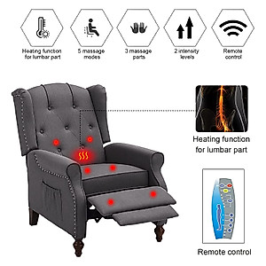 B BAIJIAWEI Tufted Wingback Recliner - Massage & Heat Function - Fabric Push Back Recliner with Remote Control, Adjustable Backrest (Grey)