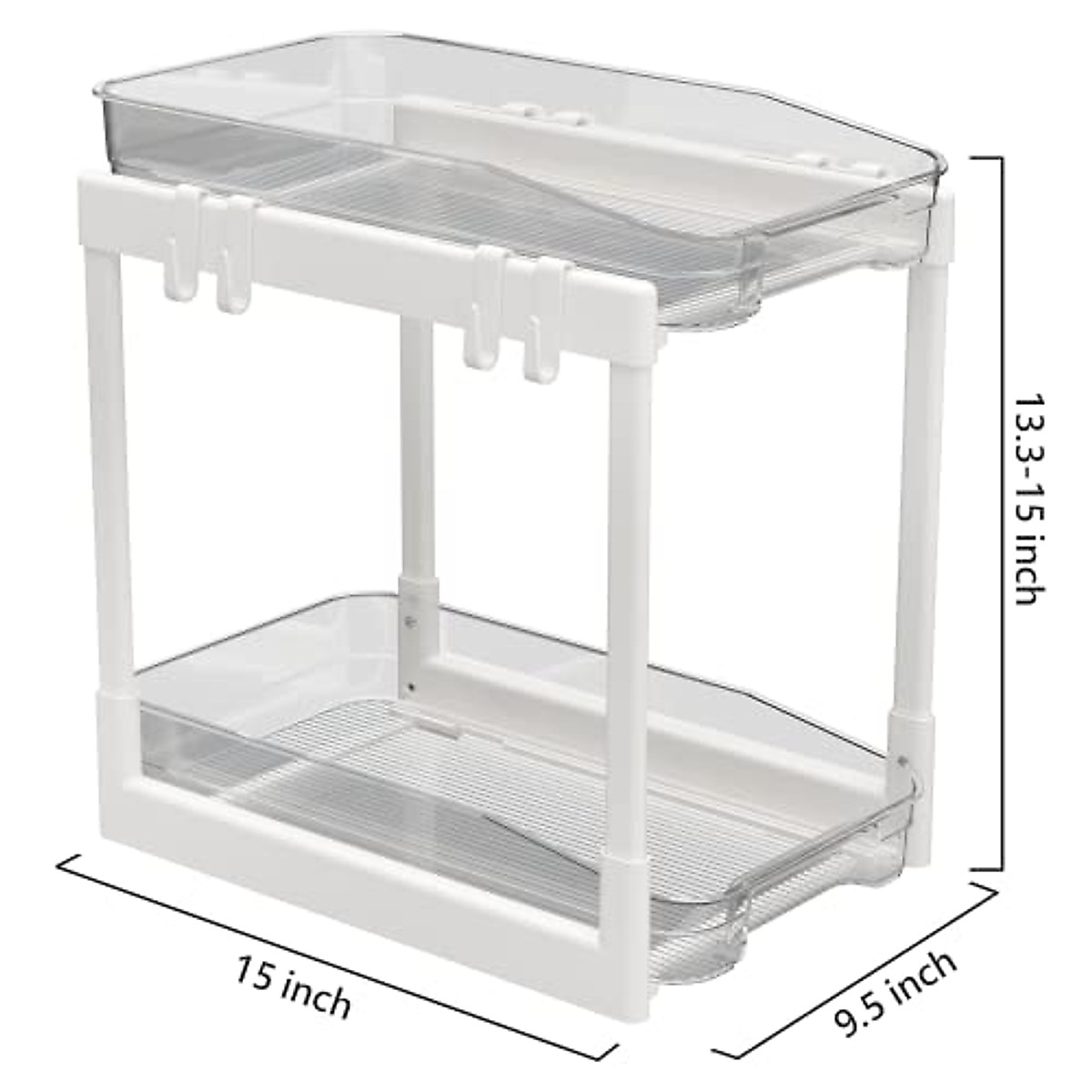 CAXXA 2 Tier Under Sink Cabinet Organizer Slide-Out Storage Drawer with Hooks for Kitchen, Bathroom,Vanity Counter (Clear)