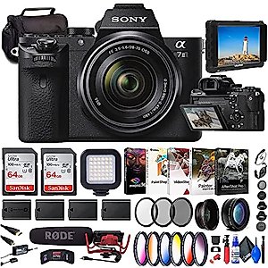 Sony a7 II Mirrorless Camera with 28-70mm Lens (ILCE7M2K/B) + 4K Monitor + Rode VideoMic + Filter Kit + Wide Angle Lens + Telephoto Lens + Color Filter + Bag + 2 x 64GB Card + More (Renewed)