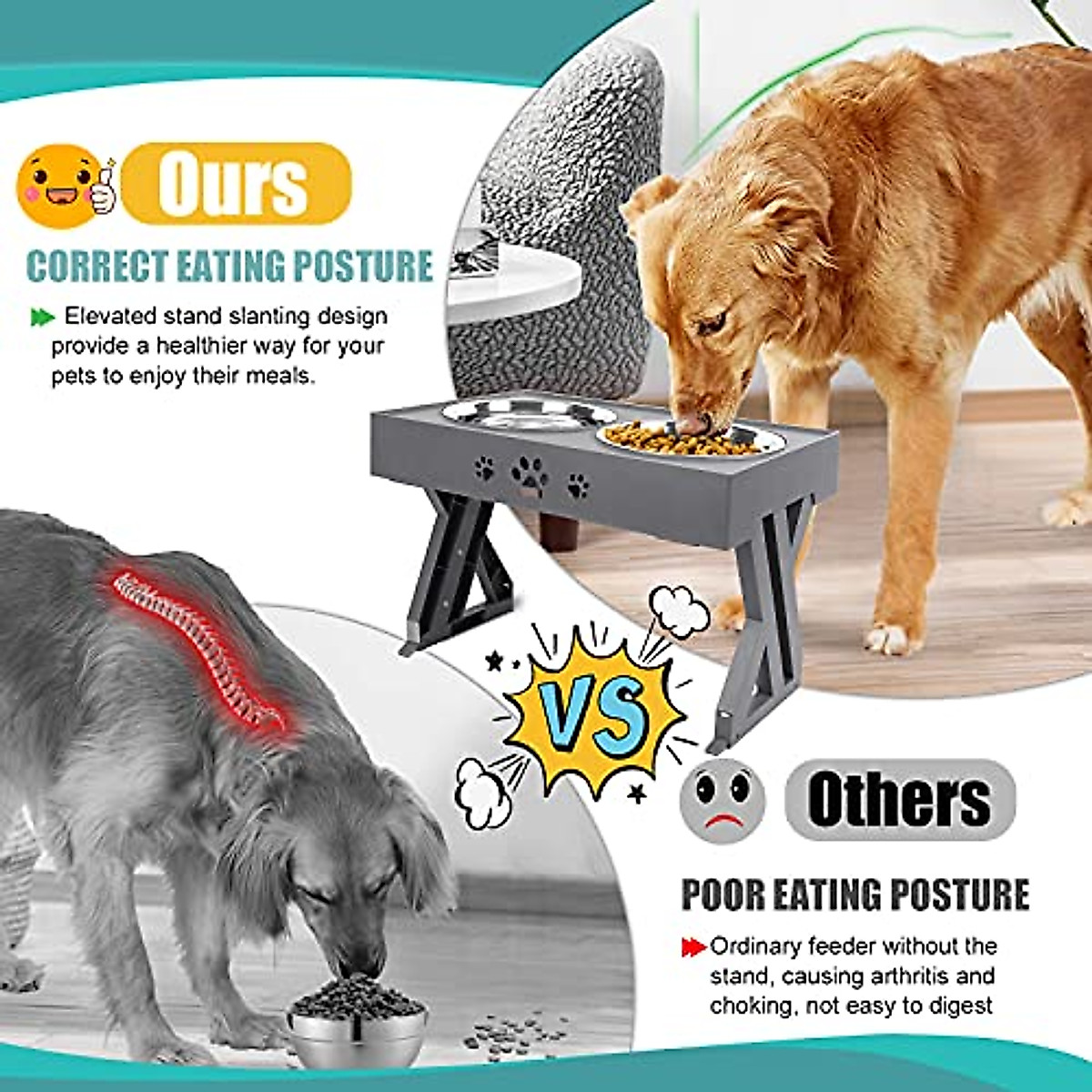 URPOWER Elevated Dog Bowls Adjustable Raised Dog Bowl with 2 Stainless Steel 1.5L Dog Food Bowls Stand Non-Slip No Spill Dog Dish Adjusts to 3 Heights 2.8”, 8”, 12”for Small Medium Large Dogs and Cats