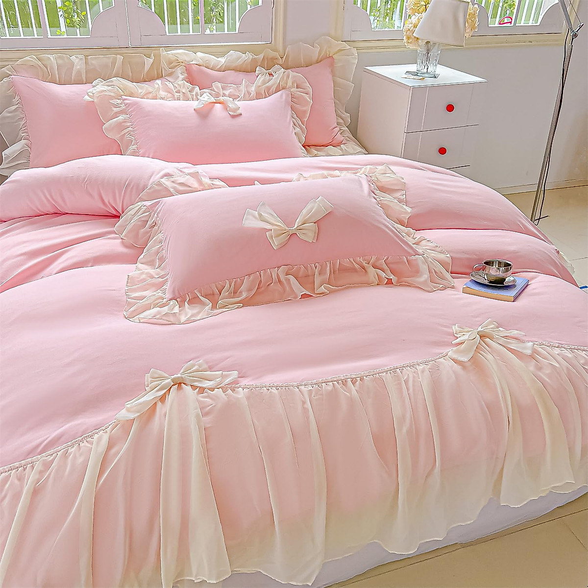 SOUKECHY Girls Lace Bedding,Queen Comforter Cover Set, Chic Ruffled Duvet Cover with Lovely Bow,Princess Style 1 Duvet Cover with 2 Pillowcases, No Comforter-Pink,Queen Size
