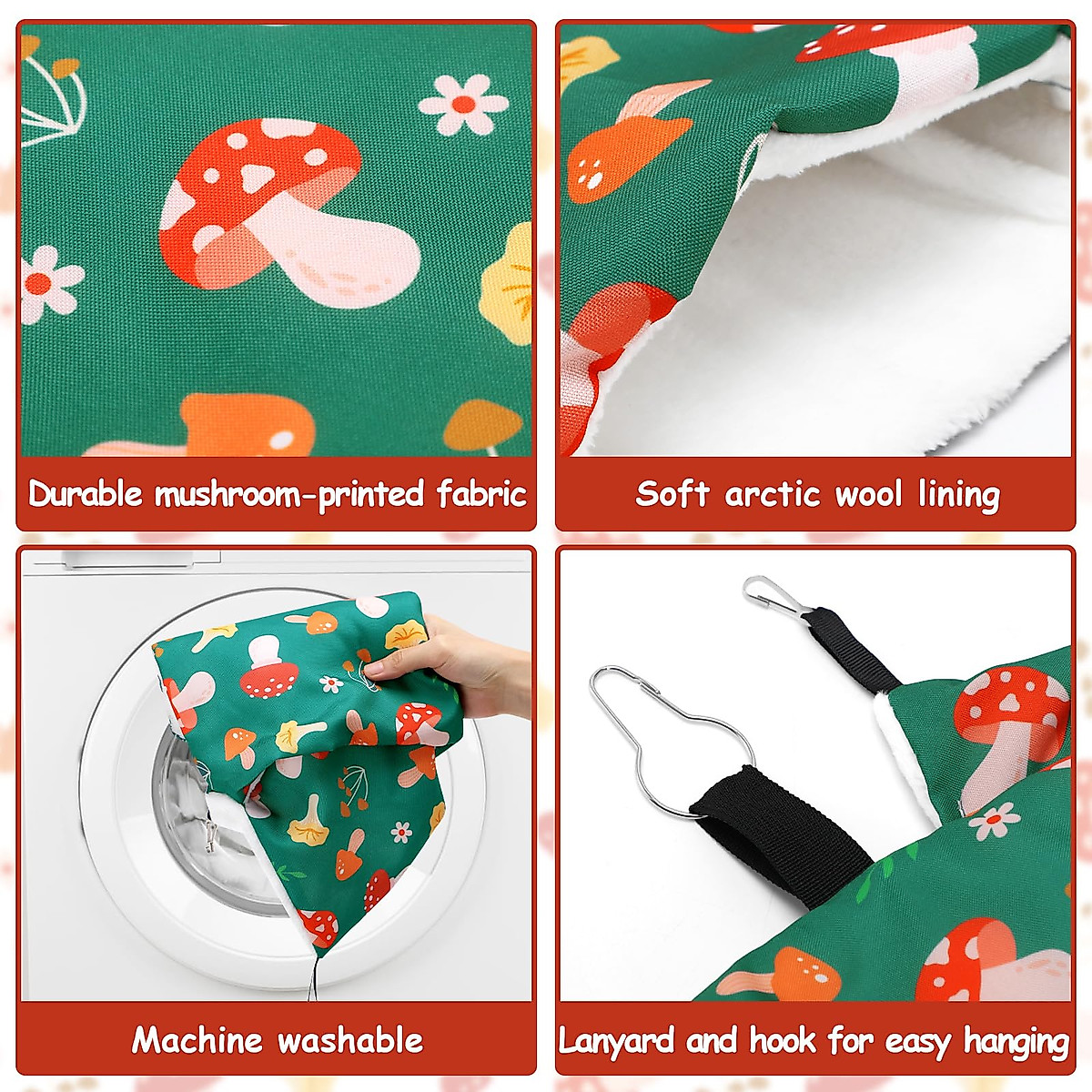 Mushroom Guinea Pig Rat Hammock and Hideout Bed Hamster Ferret Hanging Hammock and Tunnel Tube Soft Cage Accessories for Small Animals Chinchilla Sugar Glider Squirrel Sleep Play Hide In Fungi Design