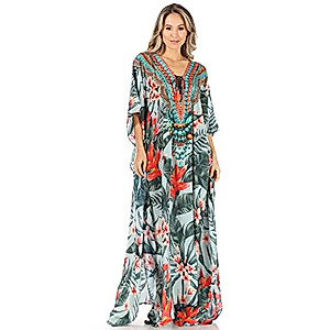 Sakkas AH62 - Milanna Women's V Neck Short Sleeve Vibrant Print Caftan Dress Cover-up - Print-1 - OS