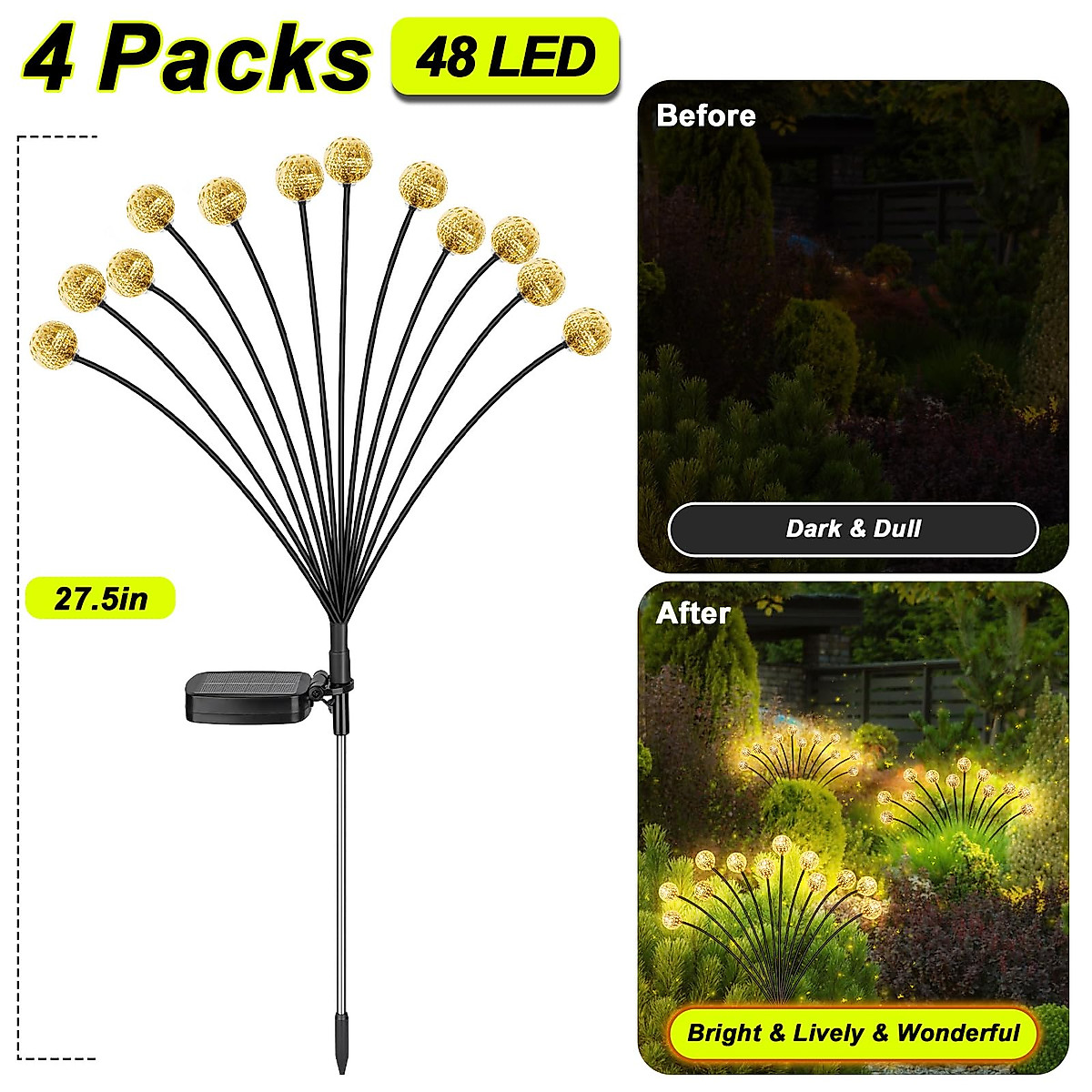 Solar Garden Lights 4 Packs 48 LED, Firefly Lights Solar Outdoor Waterproof, Moroccan Swaying Outdoor Lights with 2 Modes, High Flexibility Solar Powered Yard Patio Walkway Decoration Warm White