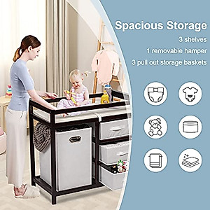 Baby Changing Table - Changing Station with Laundry Hamper, 3 Storage Baskets, and Pad, Multi Storage Nursery Changing Table for Infants or Babies (Dark Brown)