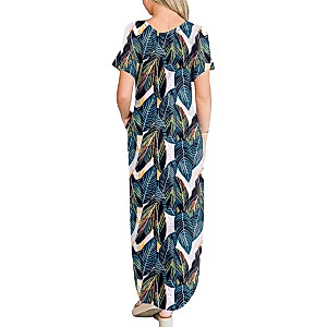 ANRABESS Women's Summer Casual Loose Short Sleeve Long T Shirt Dress Split Maxi Beach Sundress Travel Vacation Outfits Leaf Print X-Large
