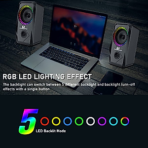MANBASNAKE Computer Speakers RGB Gaming Speakers with 2.0 Wired USB Powered Stereo Volume Control,6 LED Modes,Dual Channel Multimedia AUX 3.5mm for PC Laptop Desktop Monitors(Black)