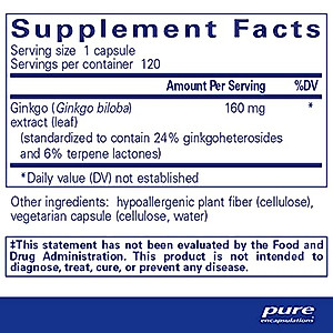 Pure Encapsulations Ginkgo 50 160 mg | Ginkgo Biloba Supplement to Support Oxygen, Blood Circulation, and Mild Memory Problems Associated with Aging* | 120 Capsules