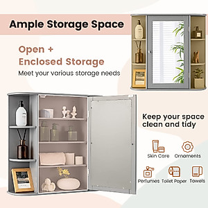 LOKO Bathroom Medicine Cabinet with Mirror, Wall Mounted Storage Cabinet with Mirrored Door, Open Shelves & Adjustable Shelves, Bathroom Wall Mirror Cabinet, 26 x 6.5 x 25 Inches (Grey)