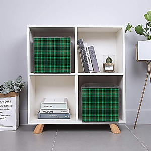 CWECVWE Fabric Storage Cubes Green Scottish Tartan Plaid, Pack of 2 Foldable Storage Bins with Handles for Organizing Pantry, Closet, Shelf, Toy Box, Cubby