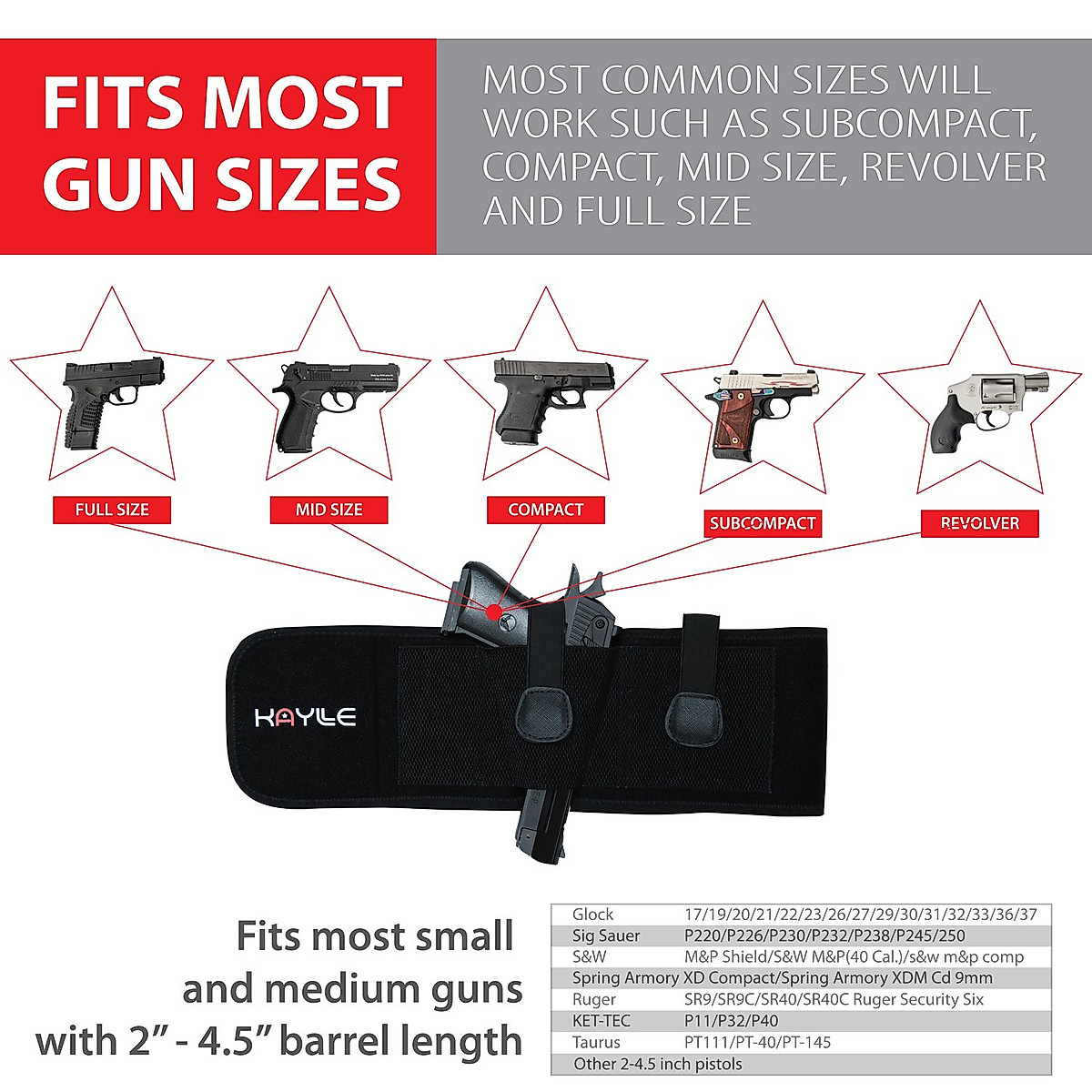 KAYLLE Belly Band Concealed Carry Holster - Neoprene Elastic Inside Waistband Gun Holster for Women Men - Fits Glock 17 19 43 30s 23 26 22 23 9mm Ruger Sig Sauer Bodyguard Springfield S&W M&P (Right)