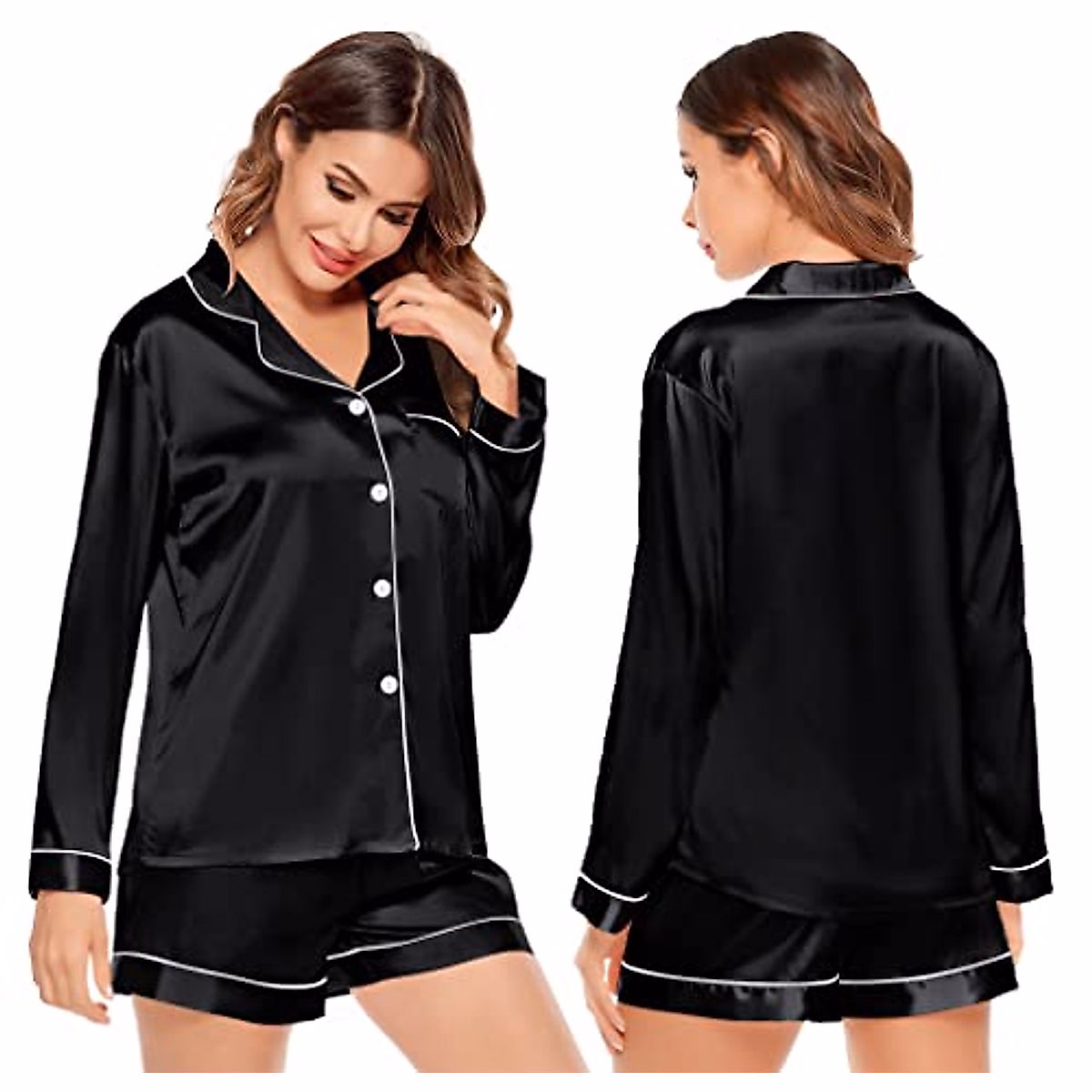 SWOMOG Womens Silk Satin Pajamas Long Sleeve Loungewear Two-piece Sleepwear Button-Down Pj Set Black
