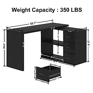 HSH Black L Shaped Computer Desk with Drawers, L Shaped Home Office Desk with Storage Cabinet Shelves, Reversible Corner Wood Writing Desk for Executive Work Study,Large Bedroom Computer Table,55 Inch