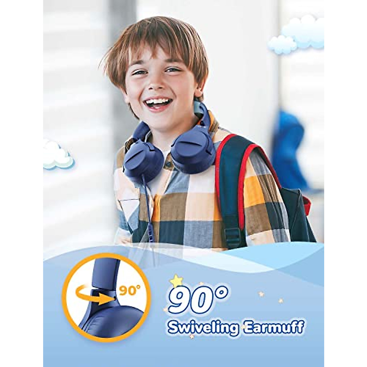 iClever Smiley Kids Headphones Wired, 85/94dB Volume Limited, Over-Ear Headphones for Kids with Share Port, Stereo Sound, Foldable Kids Headphones for School/Travel/iPad/Fire Tablet, Blue