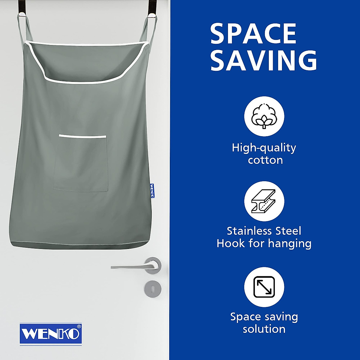 WENKO Laundry Hamper Bag Hanging, Over The Door Basket with Hooks, for Bathroom, Closet, Space Saving Storage, Wall mounted 3.94 x 20.47 x 31.89 in, Sage