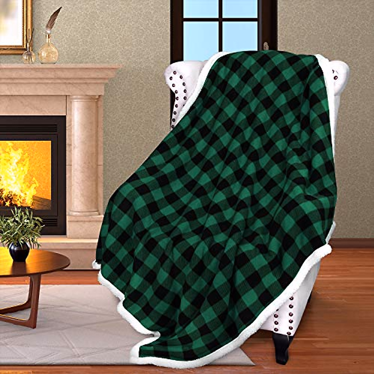 Catalonia Buffalo Plaid Green Sherpa Throw Blanket, Reversible Soft Fuzzy Comfy Snuggly Throws for Couch, 50x60 inches, St. Patrick Gift