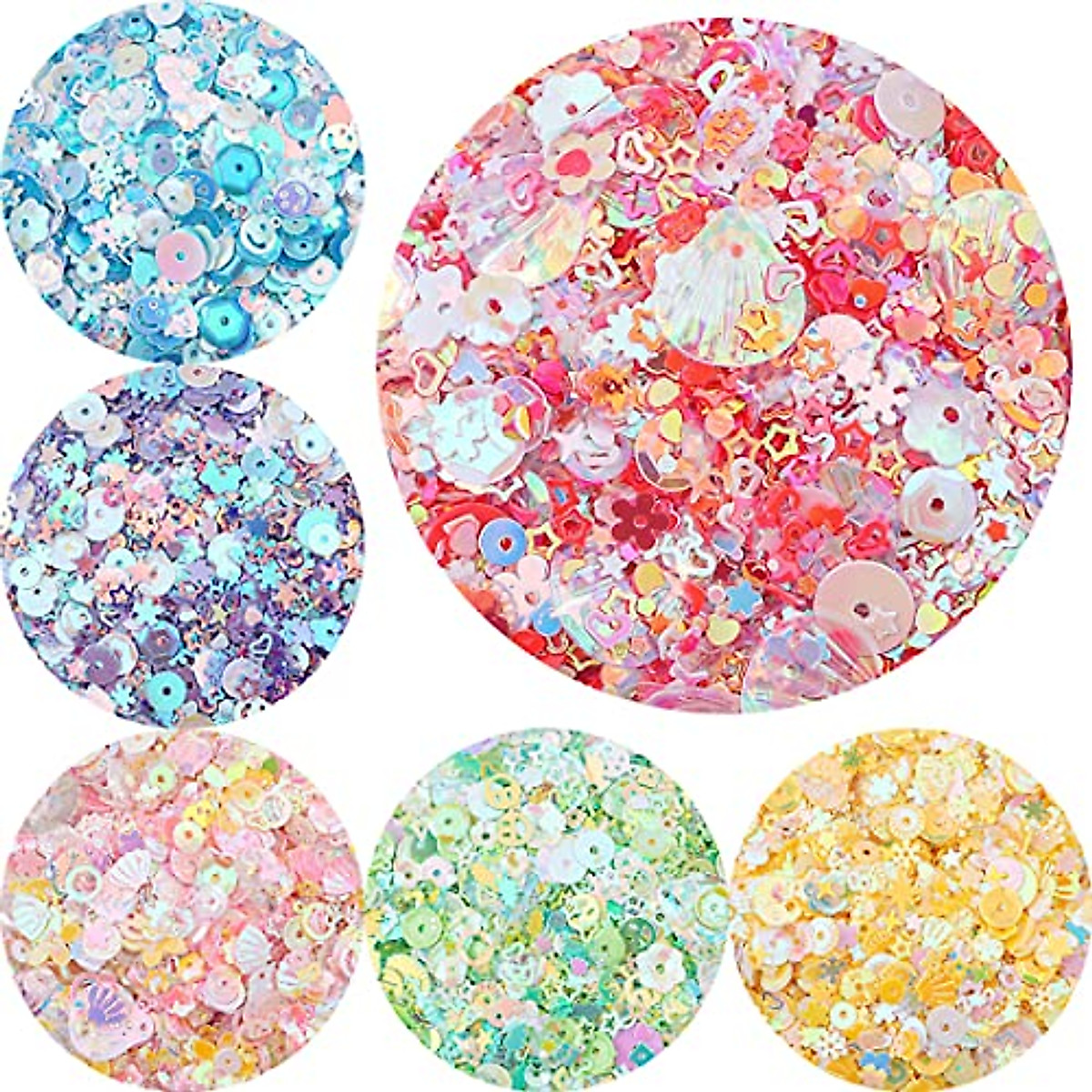 Decoendiy 6 Pack Mixed Shaped Glitter Flakes, Chunky Sparkle Sewing Glitter, Heart Star Seashell Shiny Slices with Hole, for Sewing Embellishment Accessories DIY Crafts Arts (Purple)