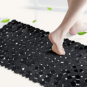Non-Slip Pebble Bathtub Mat Black 16 W x 35 L Inches (for Smooth/Non-Textured Tubs Only) Safe Shower Mat with Drain Holes, Suction Cups for Bathroom