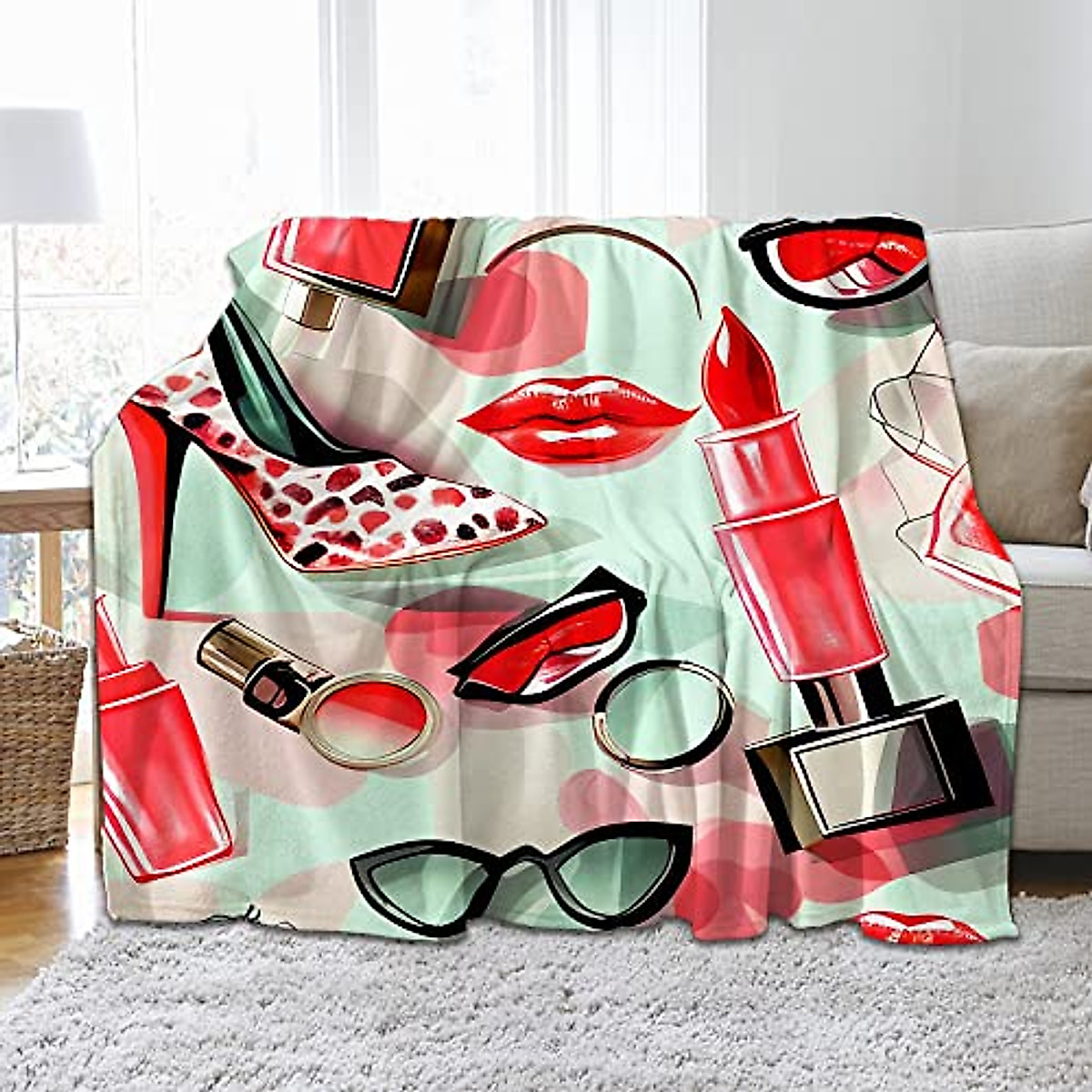 High Heel Lipstick Perfume Makeup Girls Throw Blanket Fashion Soft and Comfortable Fleece Flannel Big Blanket for Bedding Office Sofa and Chair Decor Gift (50 x 60 inches)